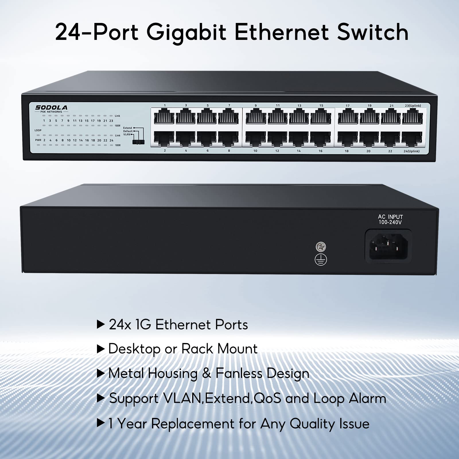 SODOLA 24 Port Gigabit Ethernet Switch | Desktop/ 1U Rackmount | QoS Priority| Plug & Play | Shielded Ports | Metal Housing | Fanless Design|Unmanaged Network Switch