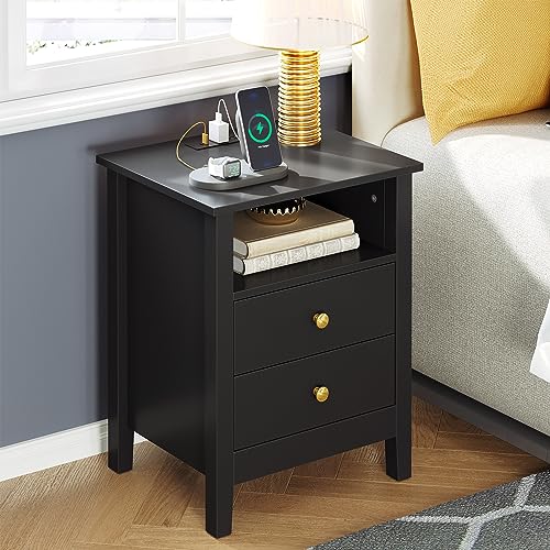 YITAHOME Nightstand with Charging Station, Night Stands with 2 Drawers for Bedroom, Modern Bedside Table End Side Table with USB Ports and Outlets, Set of 2, Black