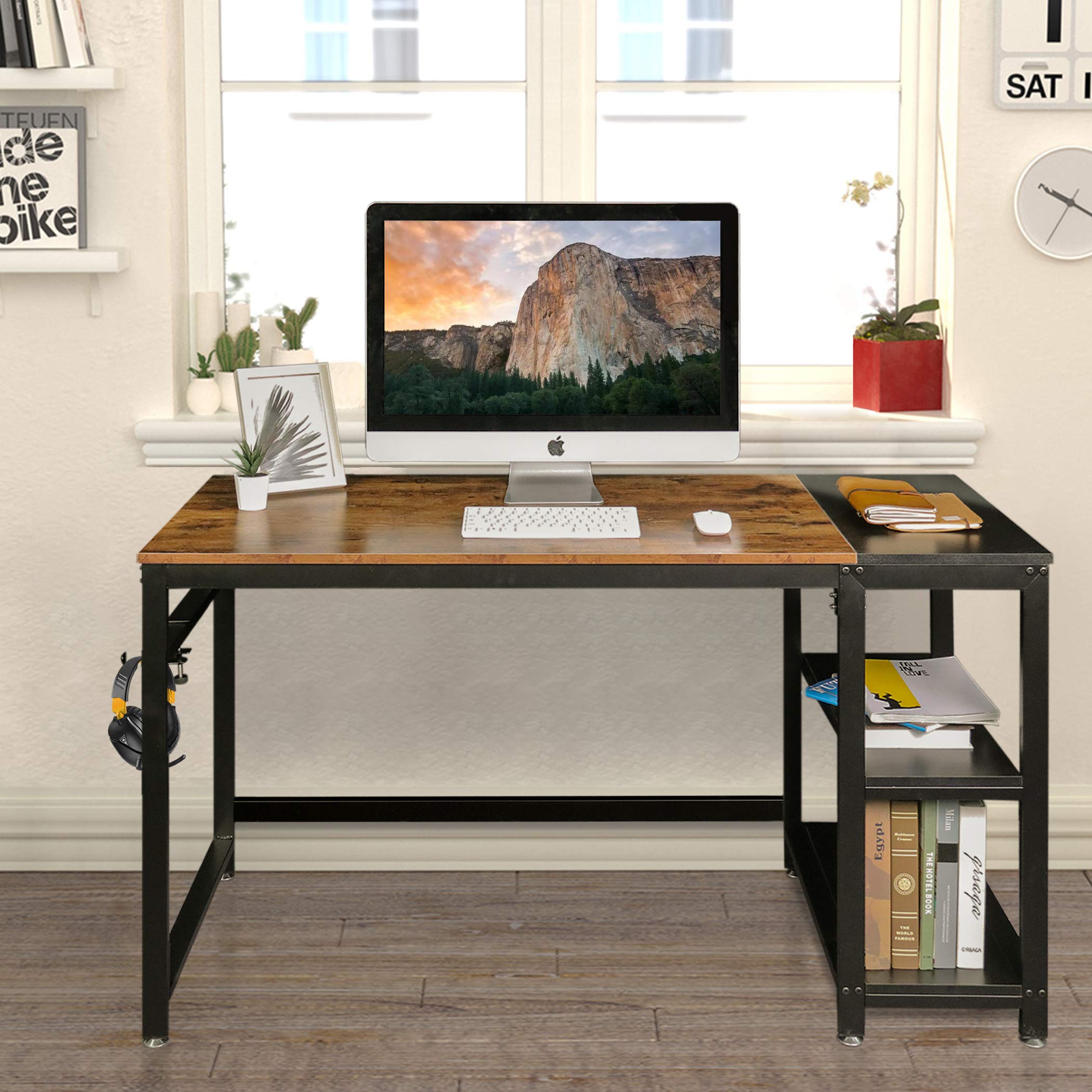 LAVIEVERT 55 inch Computer Desk with Splice Board, Modern Simple Style PC Desk with 2 Storage Shelves, Study Writing Table Multipurpose Workstation for Home Office - Rustic Brown/Black