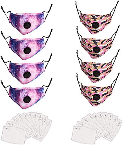KellyKessa 8 Pack Washable stylish covering Face Mask with 20 Cotton Filter Sheet,Washable Reusable Protection Cover with Breathing Valve
