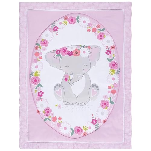 Sammy & Lou Elephant Garden 4-Piece Baby Nursery Crib Bedding Set for Girls, Includes Quilt, Fitted Crib Sheet, Crib Skirt, and Plush Toy