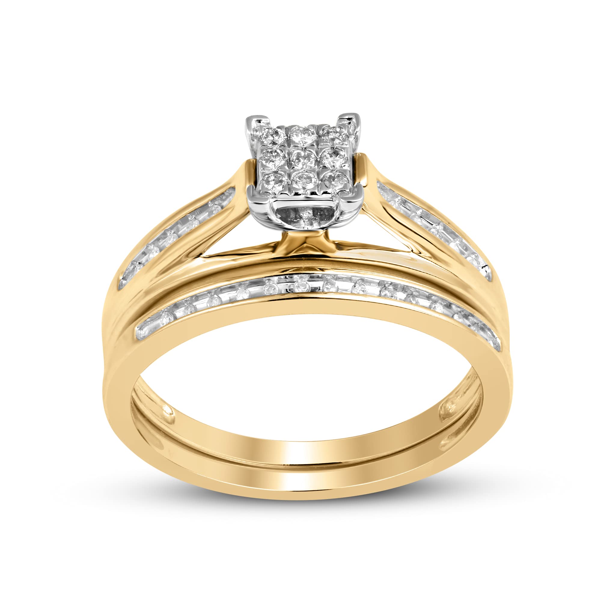 Jewelili 10K Yellow Gold Square Centre 1/6 Cttw Natural White Round Diamond Bridal Ring Set, Size 8