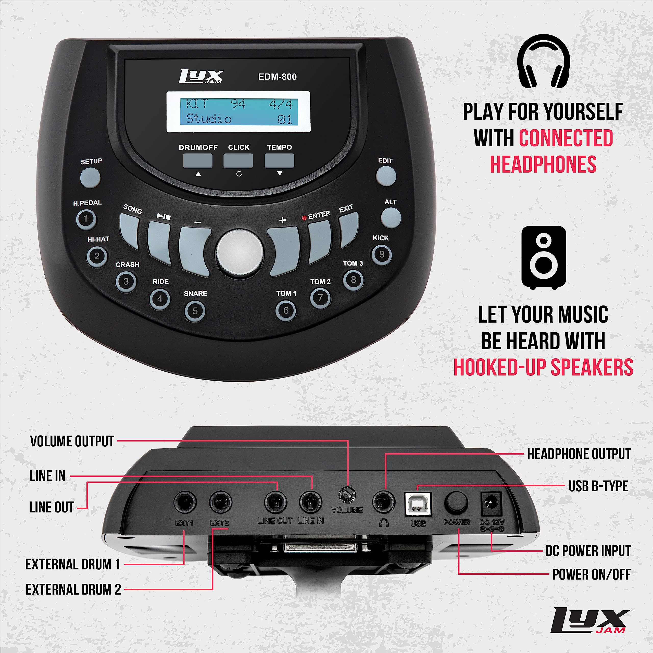 LyxJam 8-Piece Electronic Drum Kit, Professional Drum Set with Real Mesh Fabric, 448 Preloaded Sounds, 70 Songs, 15-Song Recording Capacity, Choke,Rim,Edge Capability & Kick Pad, Drum Sticks Included