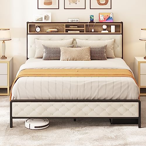 YITAHOME Queen Size Bed Frame, Platform Bed Frame with Charging Station, Upholstered Storage Headboard & Footboard Metal Slats Supports Mattress Foundation, No Box Spring Needed, Beige