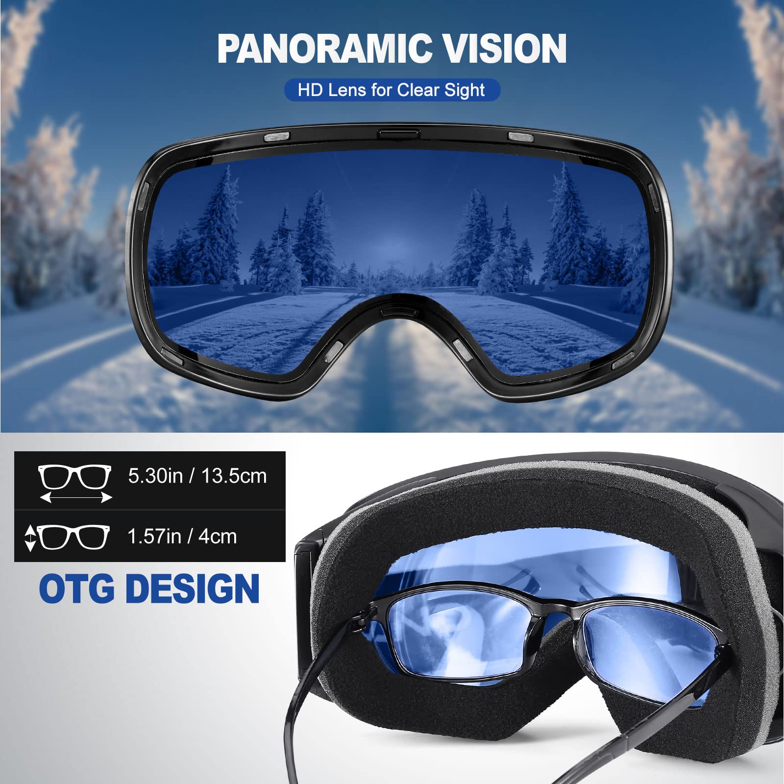 Odoland Bundle - 2 Items 4-in-1 Snowshoes with Trekking Poles, Blue, L and Detachable Magnetic Snow Ski Goggles, Black Frame Blue Lens, VLT 12.6%