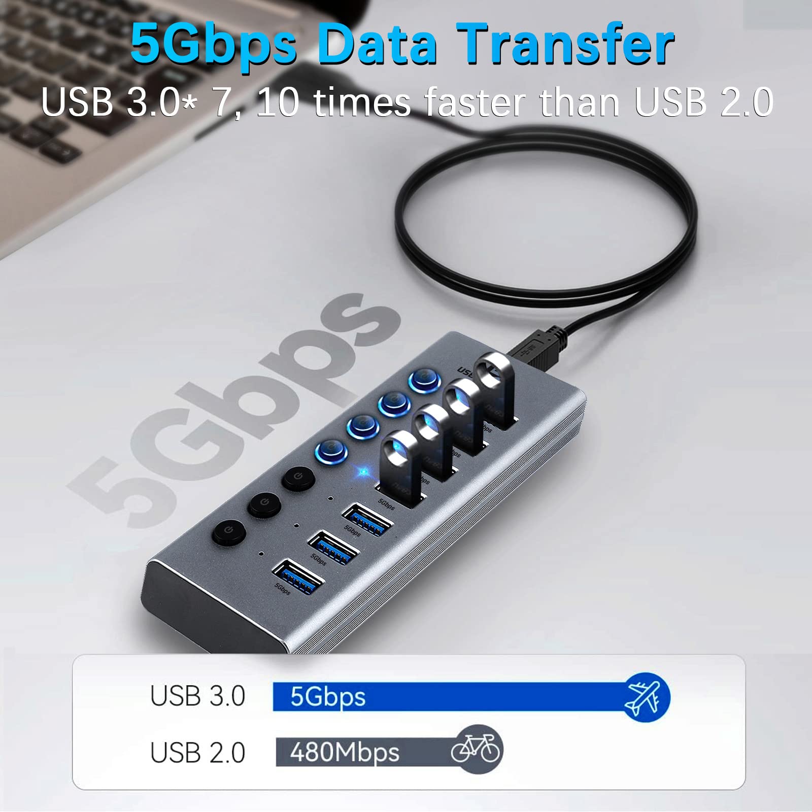 USB Hub Active 3.0 with Power Supply, 7 Ports USB Adapter Active USB Splitter 5 Gbps USB 3.0 Hub with 1 m Cable, 24 W (12 V/2 A) Power Supply Dock and Separate Switch with LED Display