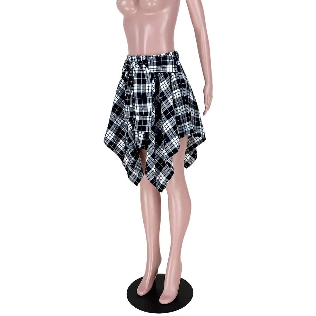 Plaid Skirts for Women High Waisted Knot Front Handkerchief Short Skirt Black White XL