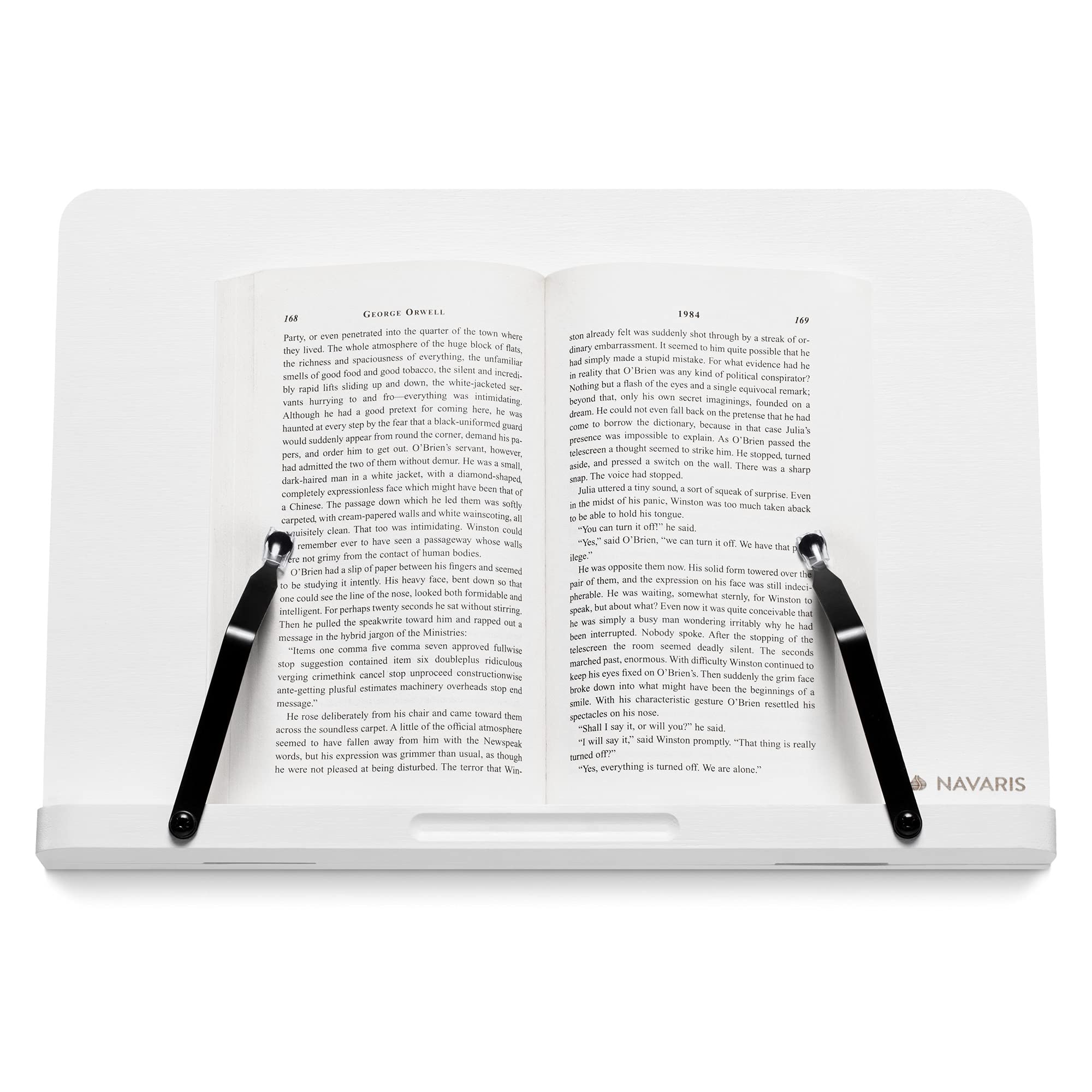 Navaris Bamboo Book Stand - Hands-Free Reading Recipe Cookbook Tablet Holder with 2 Adjustable Metal Page Holders with Grips - Bamboo Easel - White