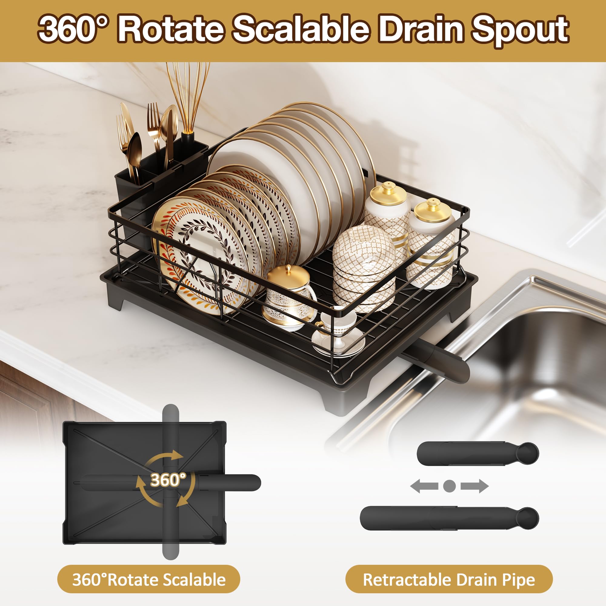 MAJALiS 304 Stainless Steel Dish Drying Rack for Kitchen Counter, 2 Tier Large Dish Draines, Dish Strainers with Drainboard Set, Dish Dryer Rack with Utensil Holder, Knife Holder (Black)