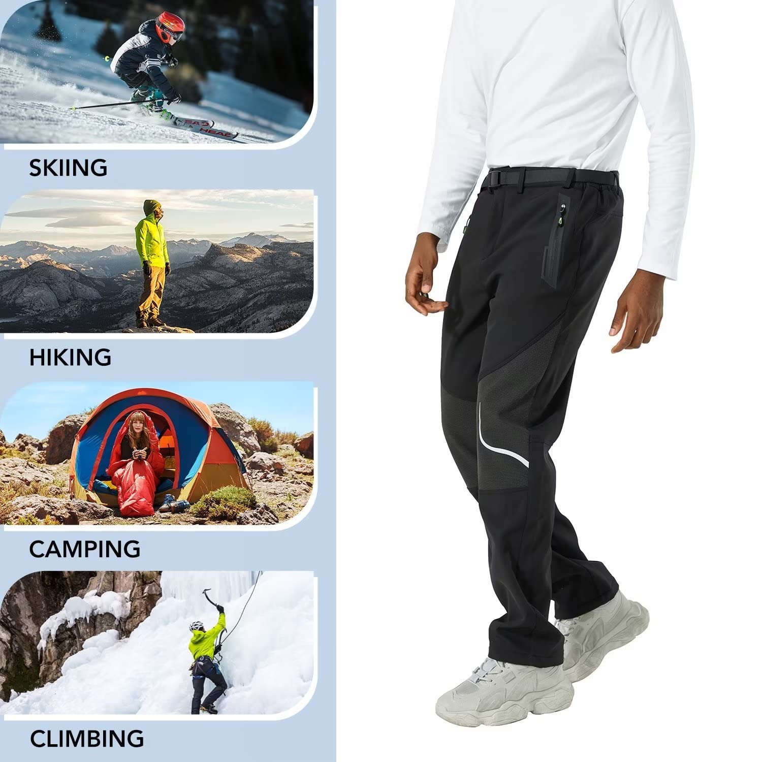 MONSTER VALLEY Mens Snow Ski Hiking Pants Outdoor Waterproof Fleece Lined Insulated Soft Shell Winter Pants, Black, Large