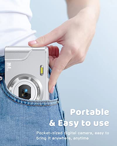 Lecran Digital Camera FHD 1080P 36.0 MP Vlogging Camera with 16X Digital Zoom, LCD Screen, Compact Portable Mini Cameras for Students, Teens, Kids (Silver Grey)