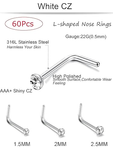 Jstyle 60Pcs L Nose Piercing Studs Jewelry for Women Stainless Steel Body Ear Piercing 22G 1.5mm 2mm 2.5mm