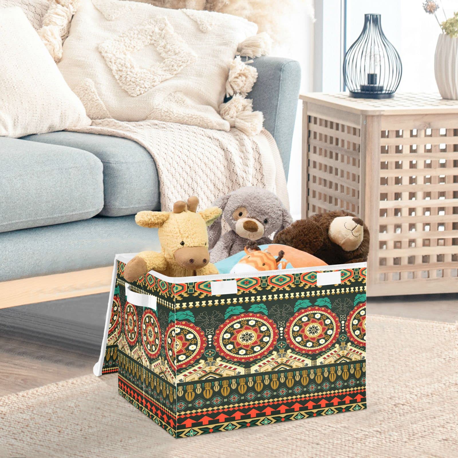 Kigai Boho Mandala Style Storage Basket 16.5x12.6x11.8 In Collapsible Fabric Storage Cubes Organizer Large Storage Bin with Lids and Handles for Shelves Bedroom Closet Office
