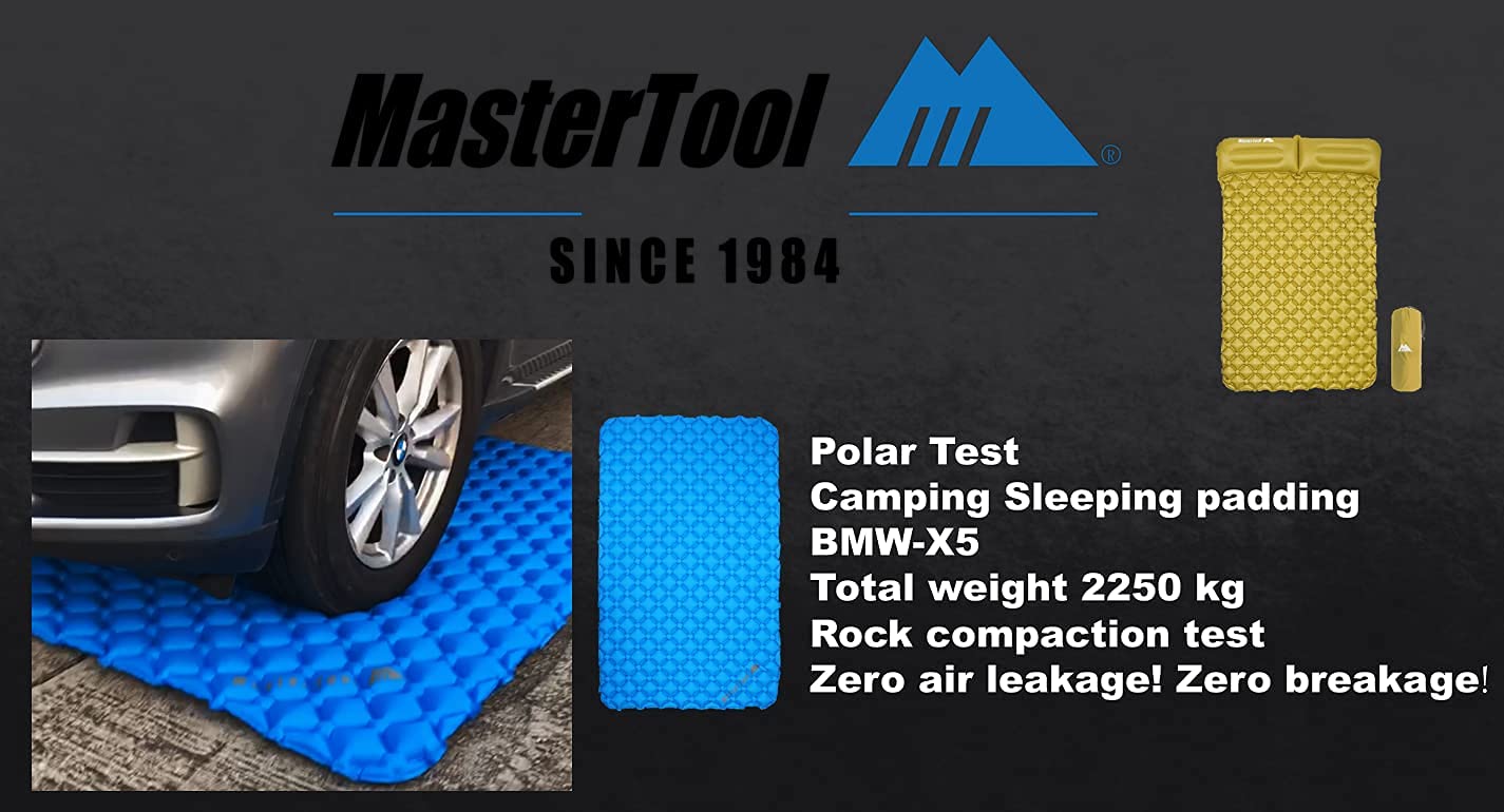 MasterTool Ultralight Double Sleeping Pad for Camping, Portable Waterproof Camping Pad, Inflatable Comfort Camping Mattress 2 Person, Ripstop Sleeping mat for Backpacking (Blue)