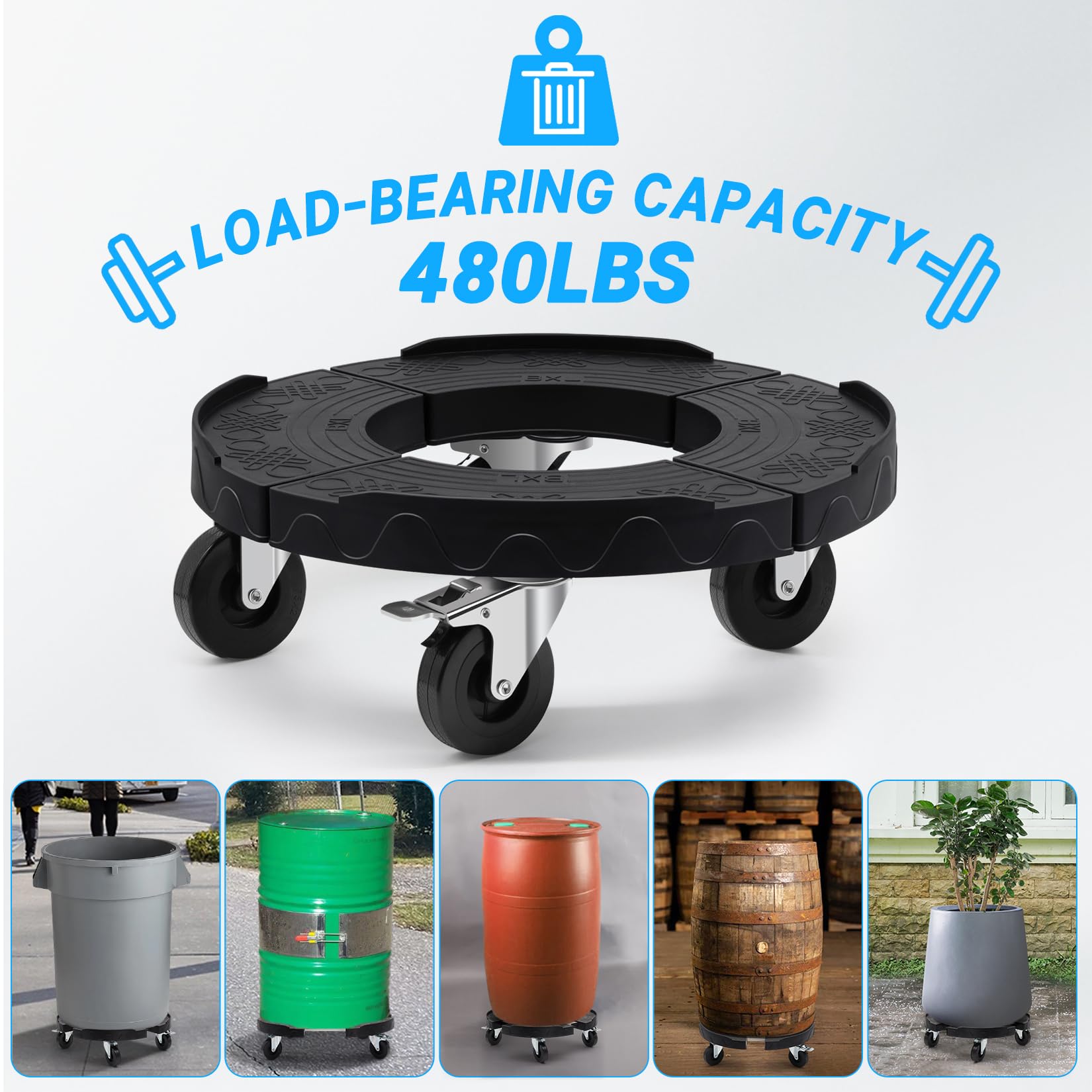 W B D WEIBIDA Upgraded Trash Can Dolly Adjustable 15-19 Inch Round Dolly with 3β Wheels Heavy Duty Trash Can Roller Base Large Barrel Dolly Multi Functional Drum Dolly Bucket Dolly