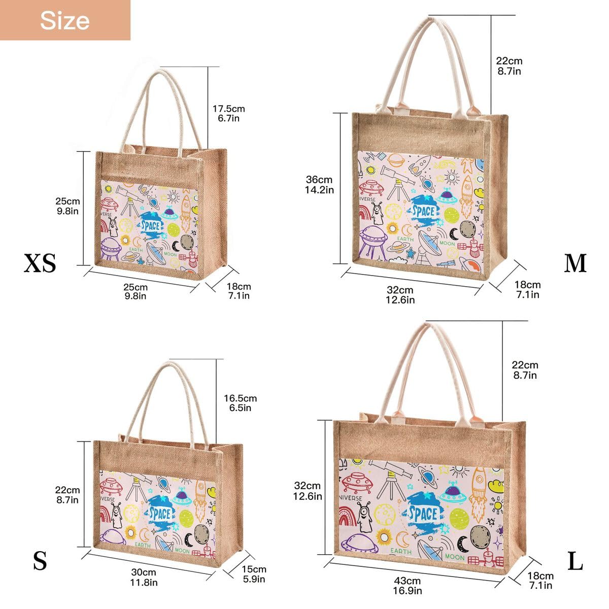 Jute Tote Burlap Bag Pink Cute Space Science Universe Rocket Planet Gift Bag Women DIY Work Grocery Storage Bag
