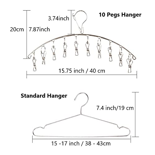 WudTus Clothes Hanger with 10 Clips, Stainless Steel, Windproof, for Drying Socks, Bras, Underwears, Baby Clothes, Hats, Scarfs, Towels, Pants and Gloves (2 Pack)