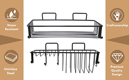 Shower Caddy Basket Shelf, Bath Accessories , Shampoo Holder Organizer No Drilling Wall Mounted Adhesive Bathroom Storage Black Stainless Steel (Black) - 2 Pack