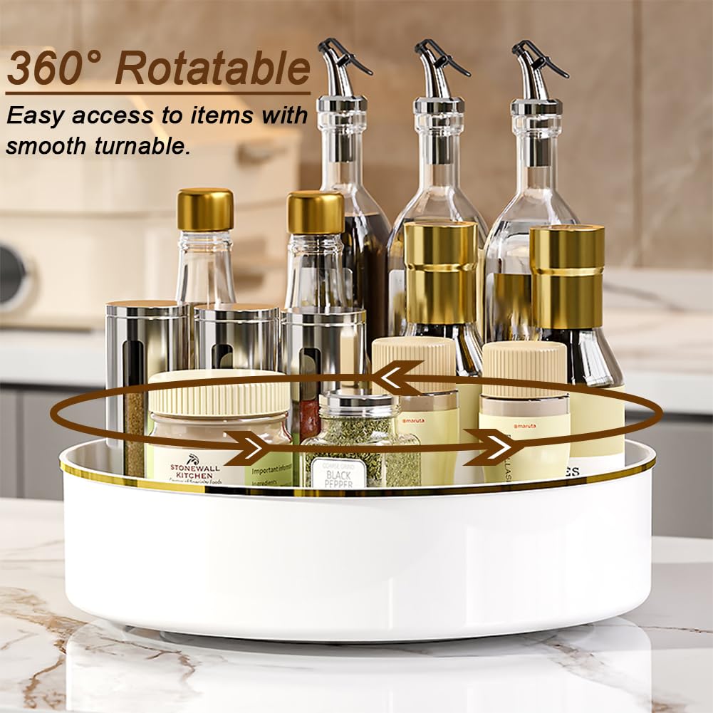 Lazy Susan Turntable Organizer for Cabinet- Spice Rack, Makeup Perfume Organizer Plastic Non-Slip Rotating Containers for Kitchen, Office, Bathroom-9"+12" Lazy Susan Organizers (White-2Pack)