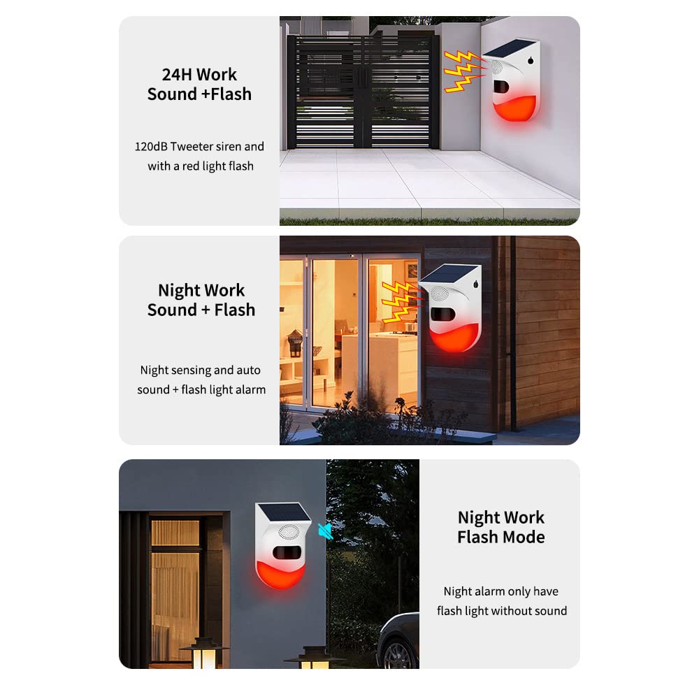 Solar Alarm Motion Detector Outdoor Alarm Siren with Remote Controller for Home Farm Barn Villa Yard 2 Packs