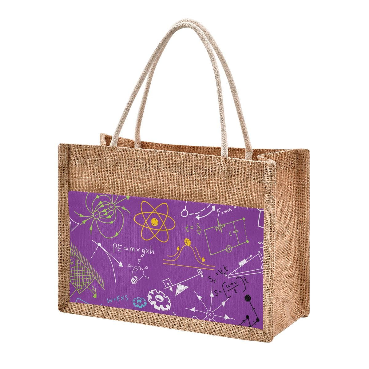 Jute Tote Burlap Bag Purple Physics Science Formulas Education Symbol Hand Written Gift Bag Women DIY Work Grocery Storage Bag