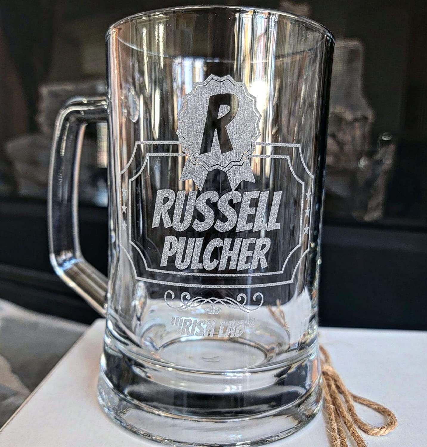 Personalized 16.oz Beer Mug | Badge Design | Clear Glass | Custom Made | Perfect for wedding gifts, anniversaries, birthday gifts, home warming gifts or graduation