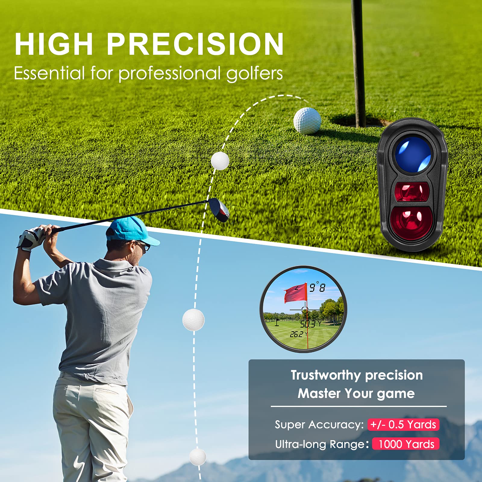 Livingpai Golf Rangefinder, 1000 Yards Rechargeable Laser Range Finder with Slope, Flag Lock with Vibration, 7X Magnification, Continuous Scan, Rangefinder for Golfing & Hunting