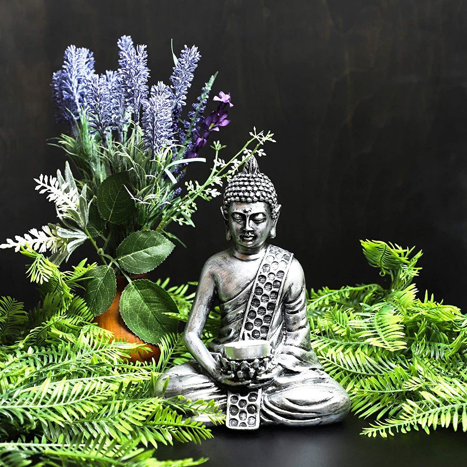 Juvale Buddha Tealight Statue for Home and Garden (Silver, 8.7 Inches)