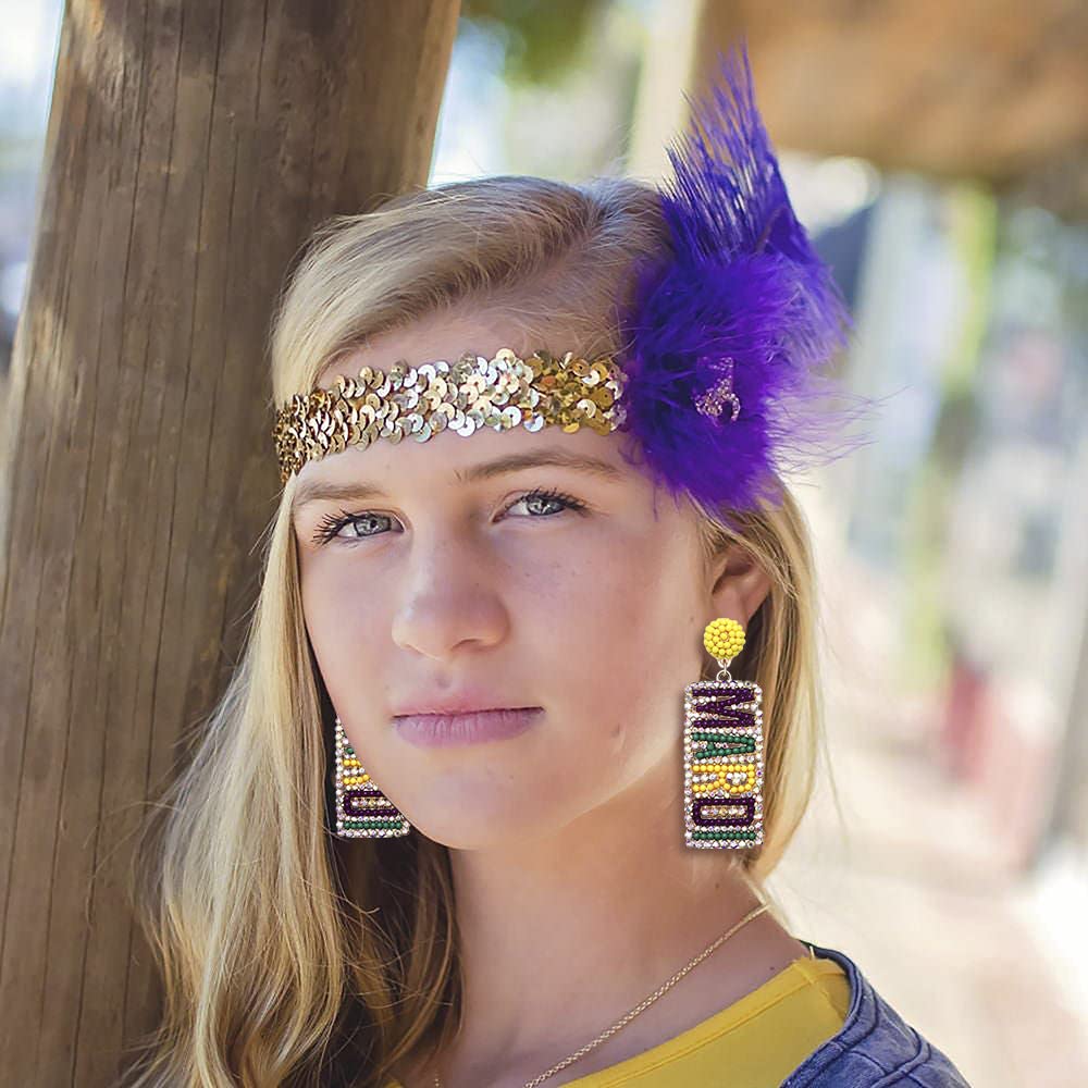 Mardi Gras Earrings Rhinestone MARDI GRAS Letter Beaded Drop Dangling Earrings Sparkly Holiday Jewelry for Women Gift
