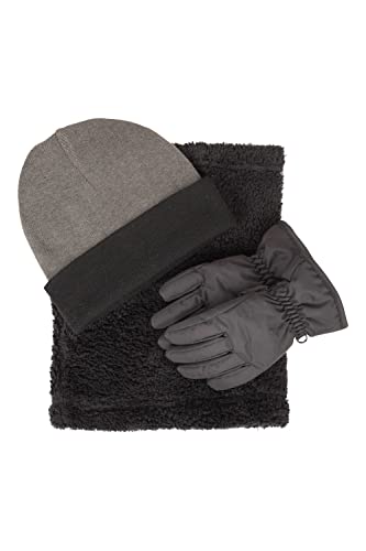 Mountain Warehouse Kids Ski Accessory Set - Water-Resistant Gloves, Reversible Beanie, Neck Gaiter Black Small