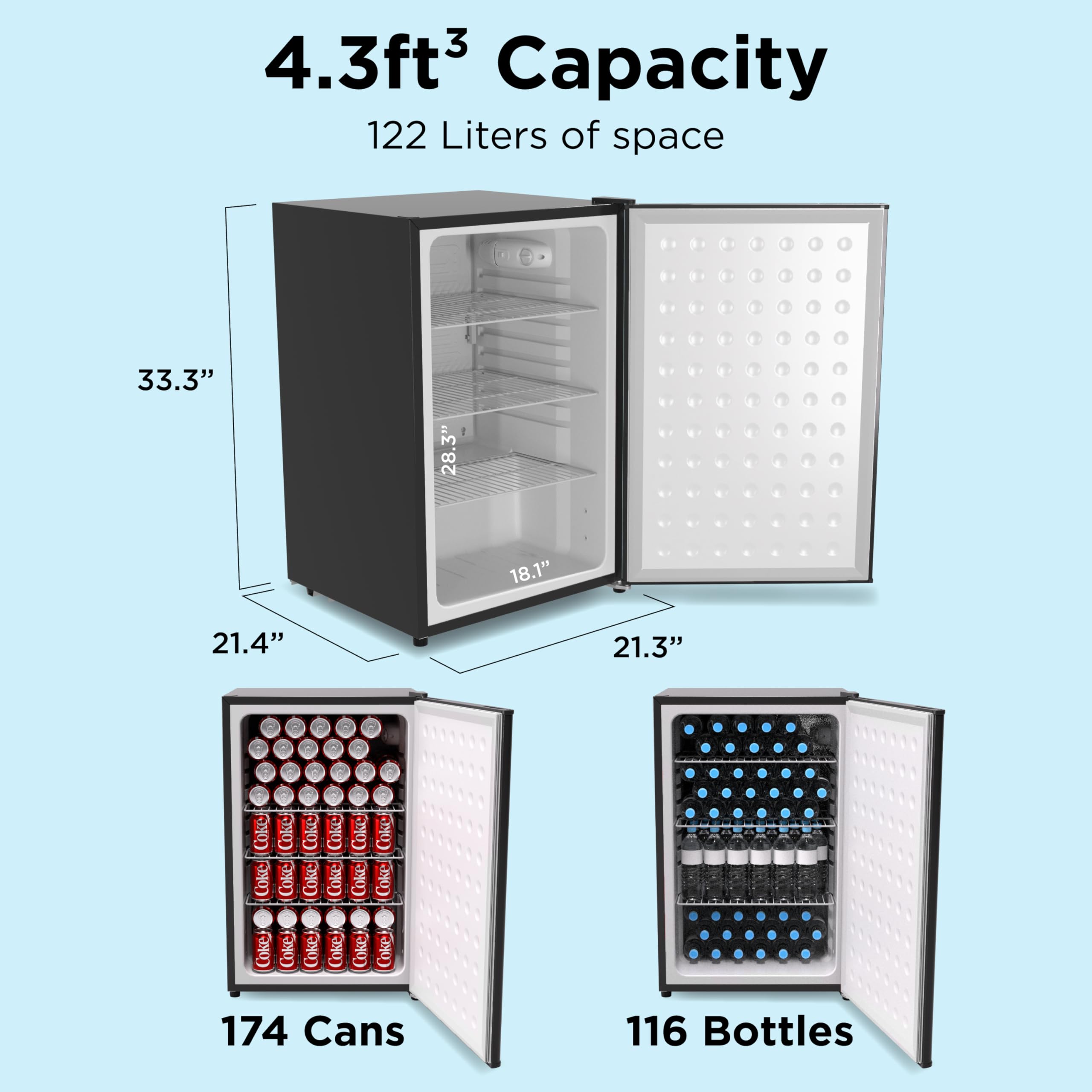 Husky Premium Undercounter/Freestanding Beverage Cooler & Mini Fridge 4.3 Cu.ft./122L with Reversible Solid Doors, Compact Refrigerator for Home, Restaurants, Commercial, RV Energy Star