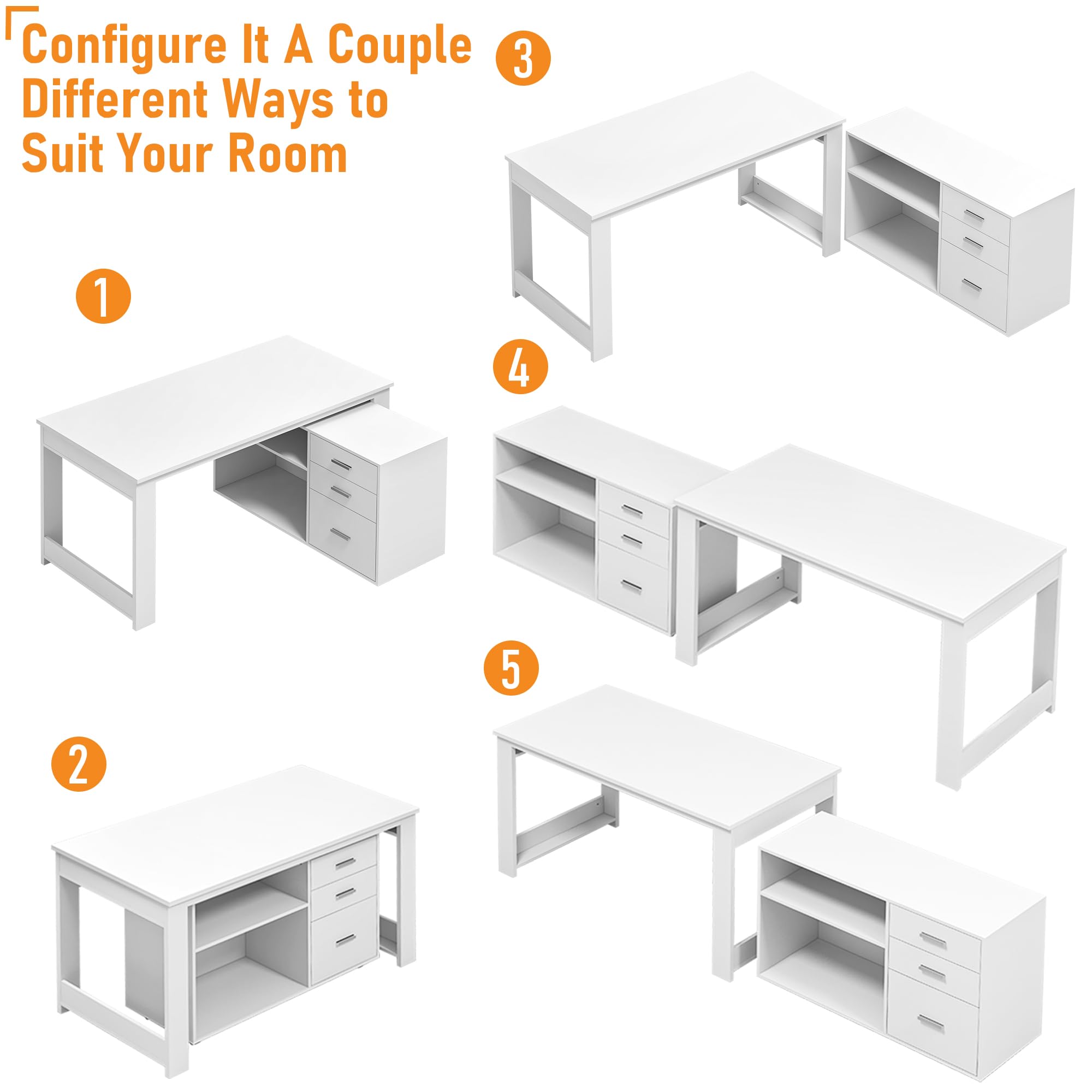 IdeaKey White L Shaped Desk with Drawers, Corner Desk with 3 Drawers and 2 Open Shelves, Computer Desk with Storage File Cabinet, Executive Desk for Home Office Workstation, Bedroom, 55 inch