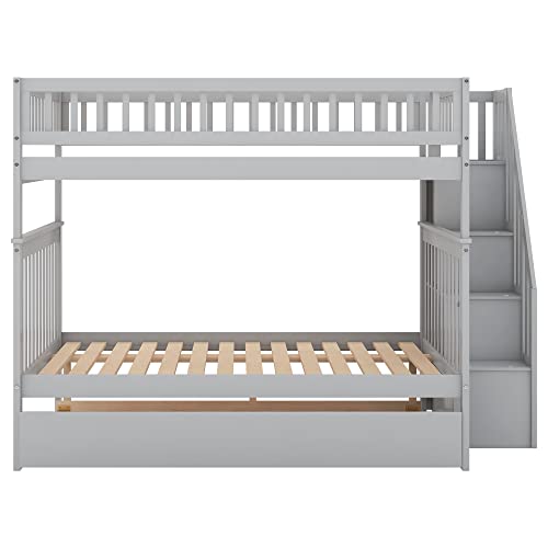 UBGO Full Over Full Bunk Bed with Pull Out Trundle Bed and Storage Stairs, Safety Rails, Full Size Bunk Bed for Kids Teens Adults, Space Saving, Easy to Assemble, Grey