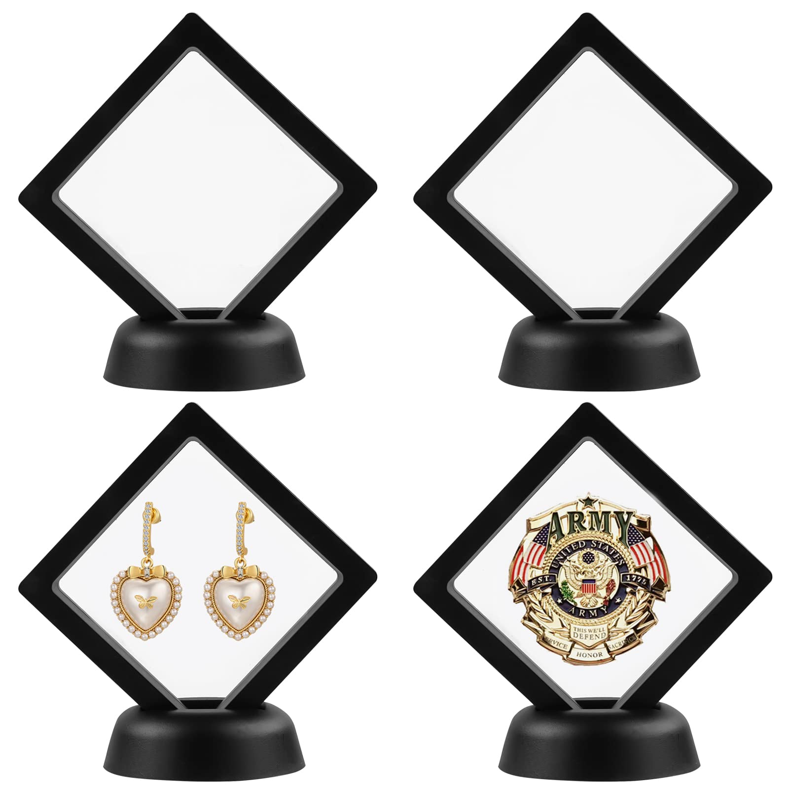 Jutieuo 4Pcs 3D Floating Frame with Stand, Challenge Coin Display Holder, Small Shadow Box for Earrings, Rings, Brooch, Military Medal, Black, 2.75x2.75 inches