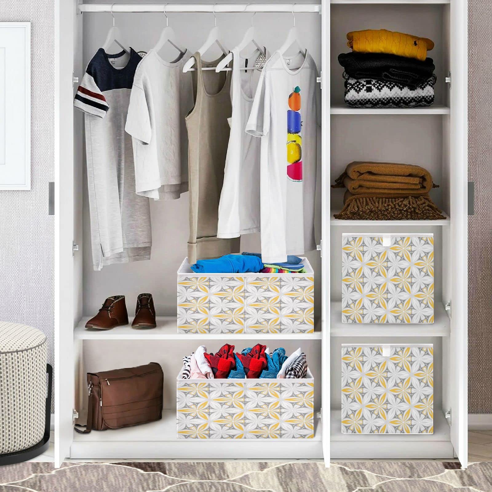 Kigai Flowers Gray Yellow Fabric Storage Bin 11" x 11" x 11" Cube Baskets Collapsible Store Basket Bins for Home Closet Bedroom Drawers Organizers