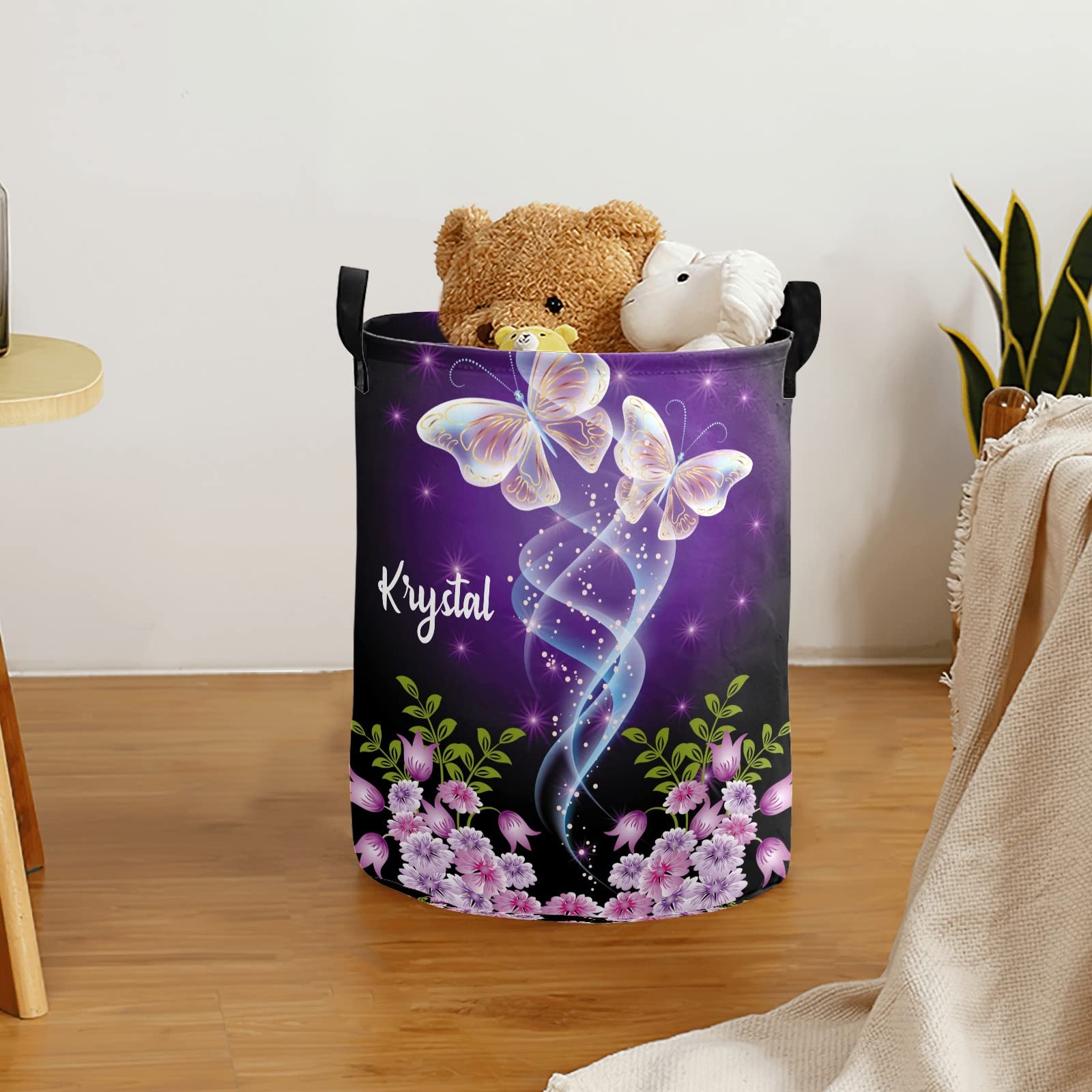 Personalized Custom Fantasy Butterfly Pretty Collapsible Large Sized Clothes Hamper with Knitting Handles for Baby Girls Boys Kids Nursery Clothes Things