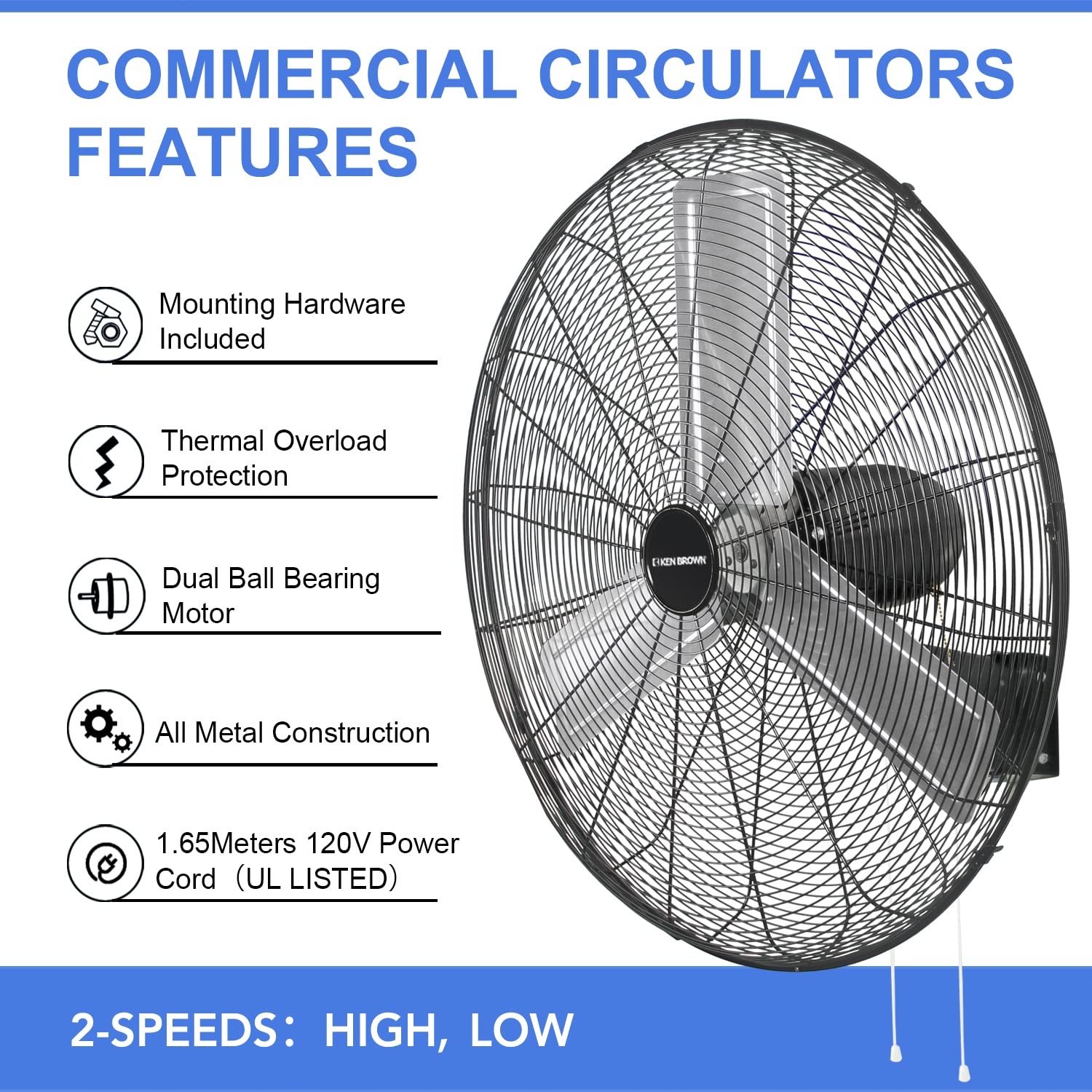 KEN BROWN 30 Inch Industrial Oscillating Wall Mount Fan 9500CFM,Heavy Duty Metal,High Velocity,2 Speed,Black