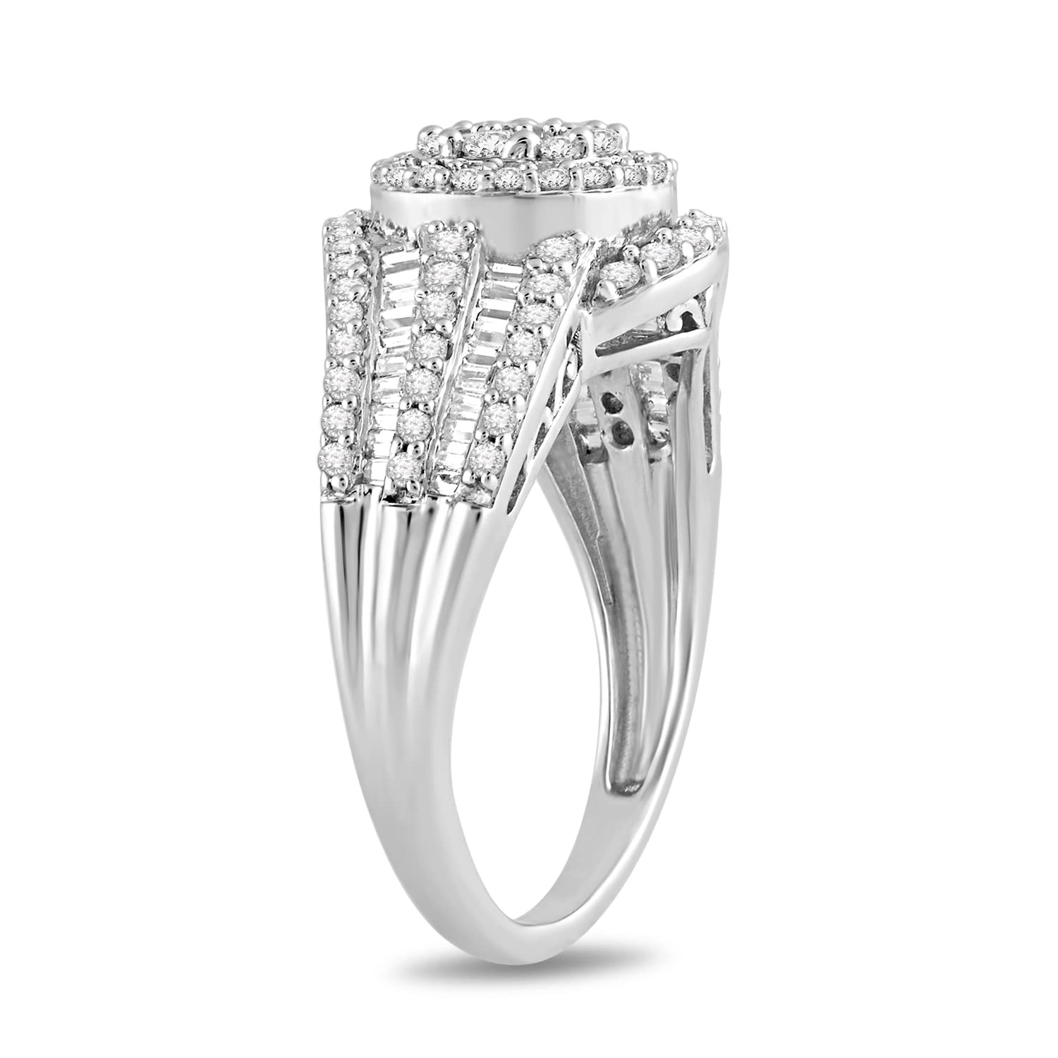 Jewelili 10K White Gold 1 Cttw Natural White Round and Baguette Diamonds Cluster Ring, Size 7