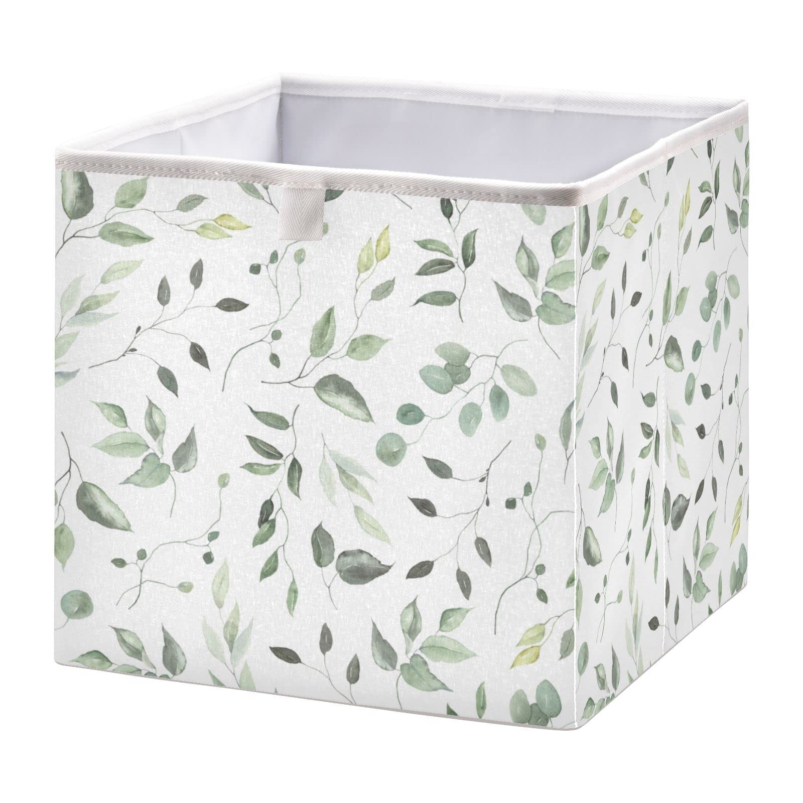 Kigai Green Leaves Cube Storage Bins - 11x11x11 in Large Foldable Cubes Organizer Storage Basket for Home Office, Nursery, Shelf, Closet