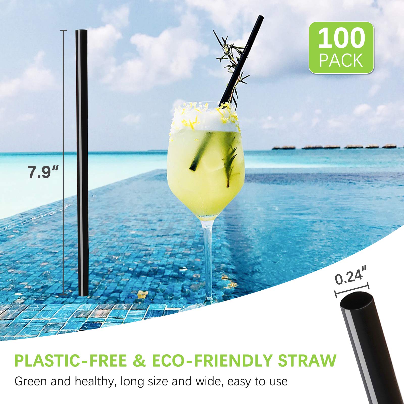 Plasticless 100 Pcs PLA Disposable Drinking Straws Corn Plant Based Biodegradable Straws, BPA Free Compostable Stir Sticks Black Straws, Reusable Straws Alternative to Plastic Straws for Party Drinks
