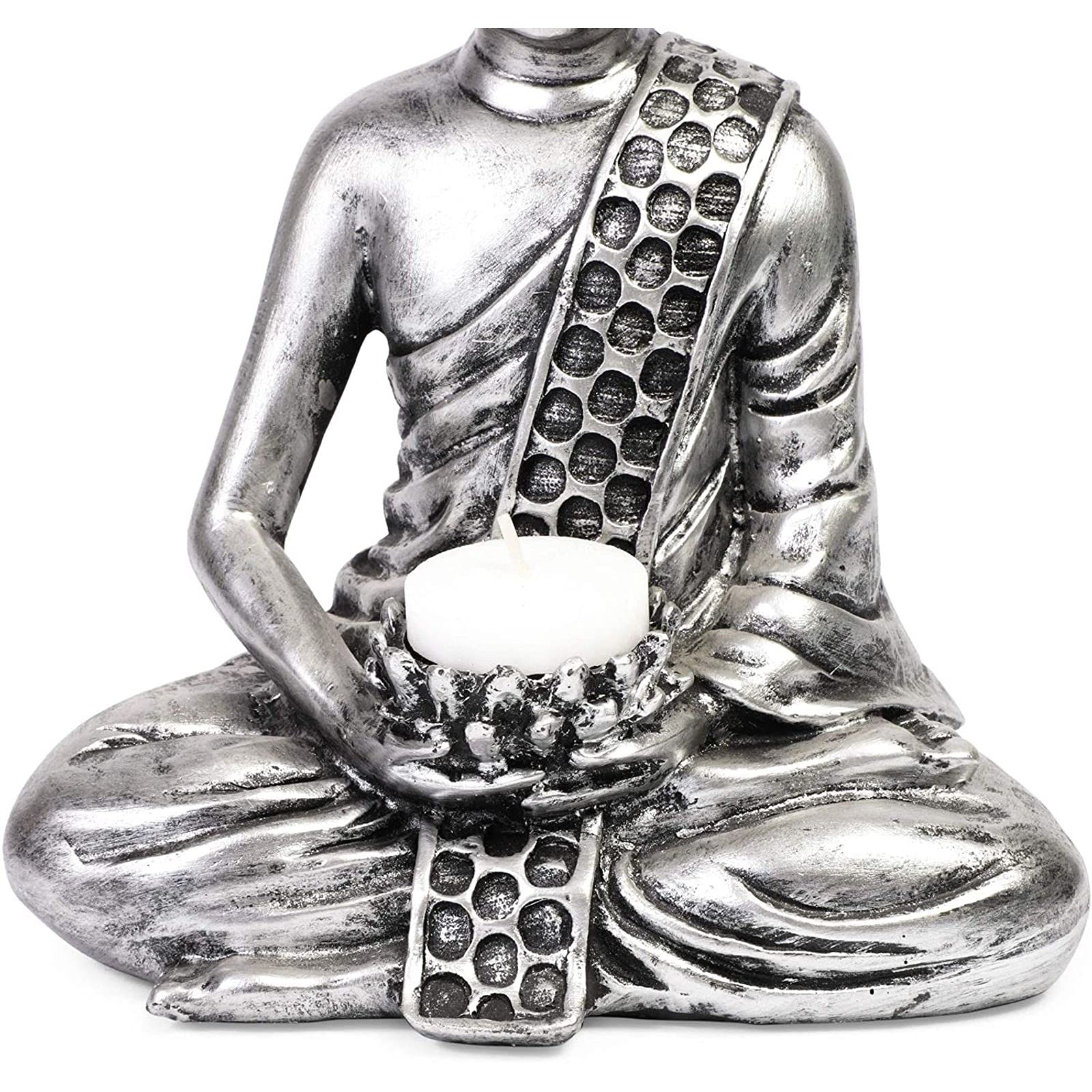 Juvale Buddha Tealight Statue for Home and Garden (Silver, 8.7 Inches)