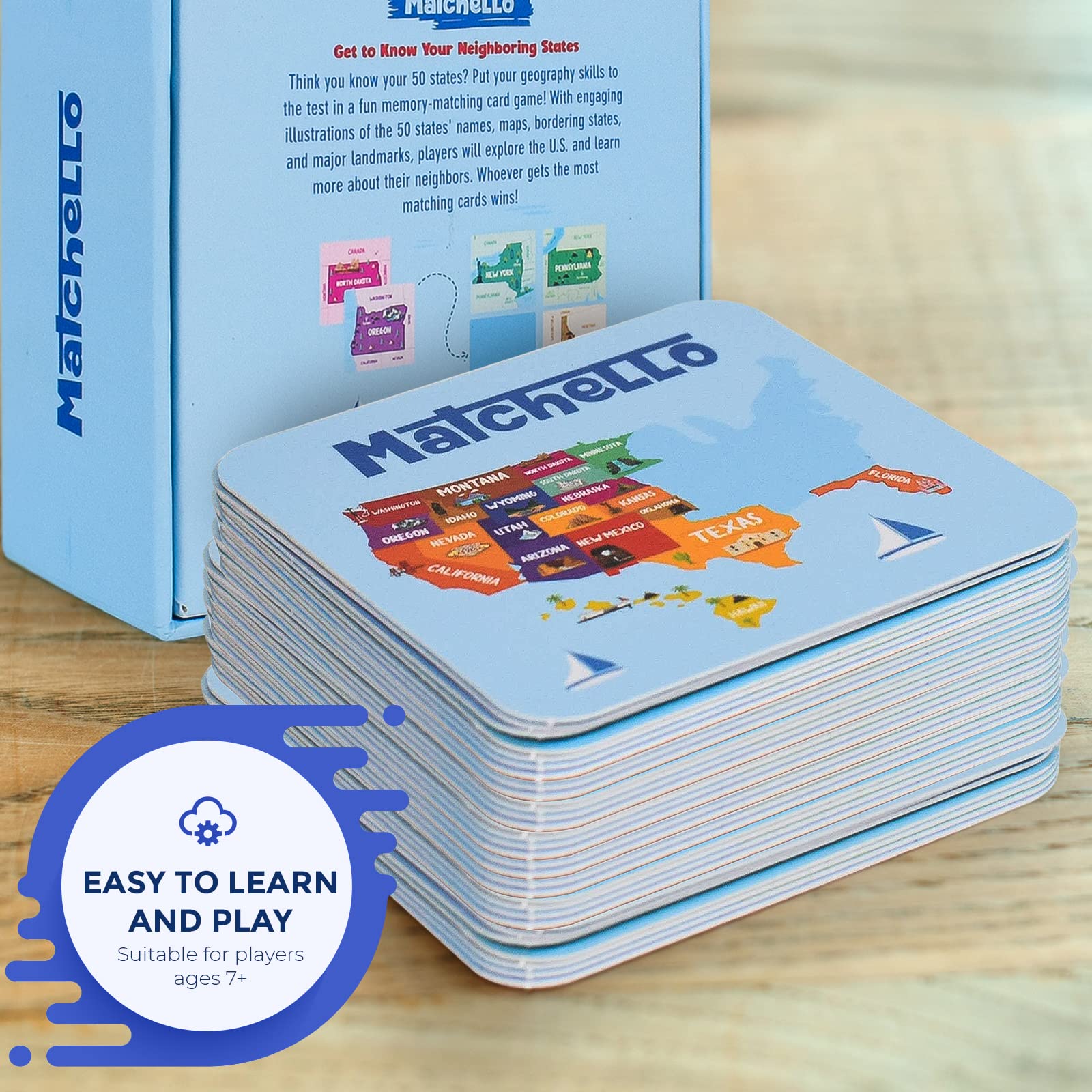 Matchello Memory Matching Game - Learn Geography for Kids β 50 States Matching Game β Educational and Fun State Cards for Kids and Grownups β Colorful Cards β Ages 7 and Up