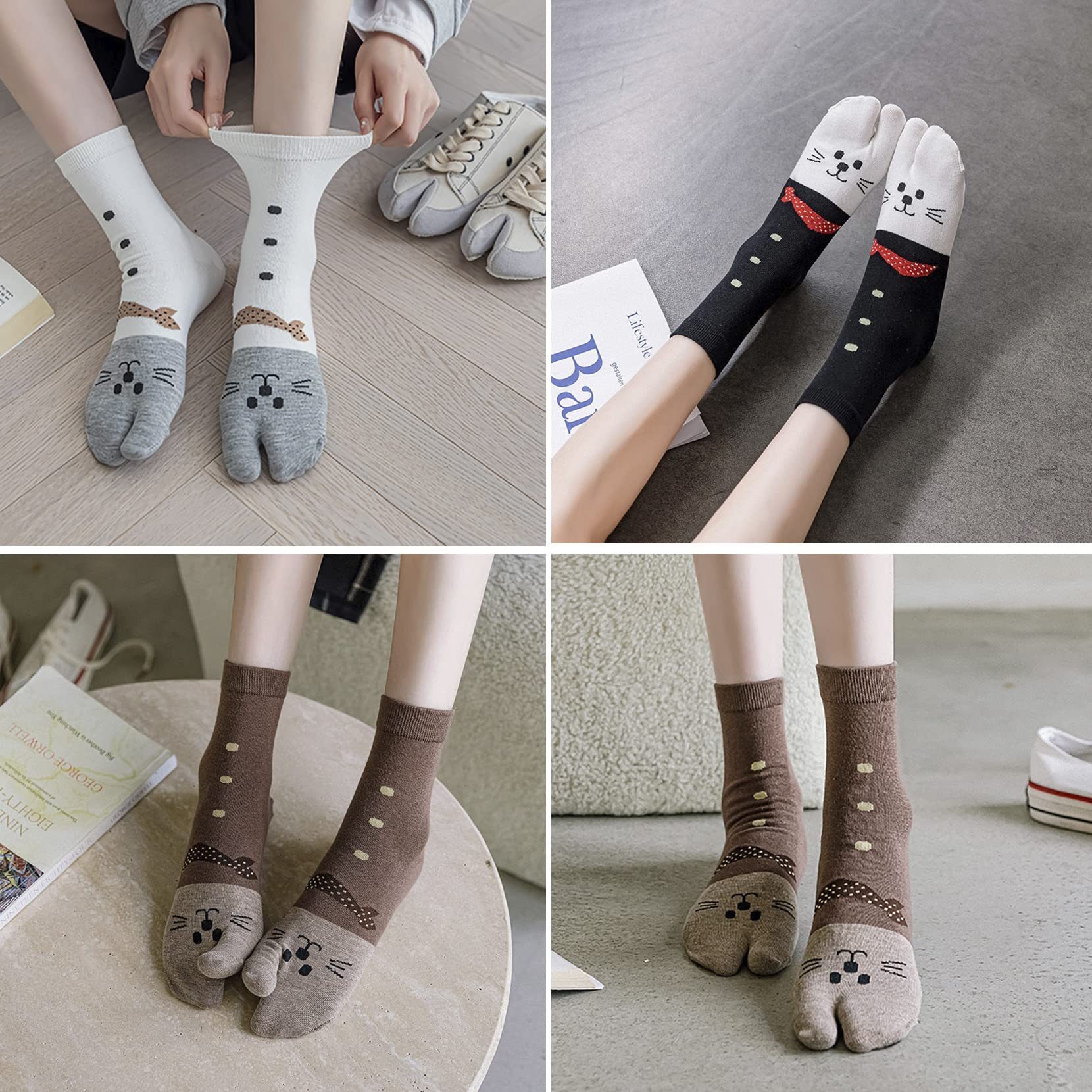 PaperMore Cute Cat Flip-Flop Socks Split Toe Tabi Socks Ninja Geta Socks 4-Pairs Pack Stylish Women Tabi Socks, White, 7.5-8 (5-10)