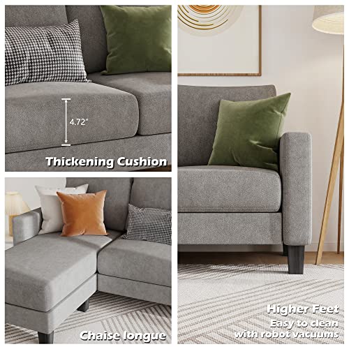 YESHOMY Convertible Sectional 3 L-Shaped Couch Soft Seat with Modern Linen Fabric, Small Space Sofas for Living Room, Apartment and Office, 70'', Gray