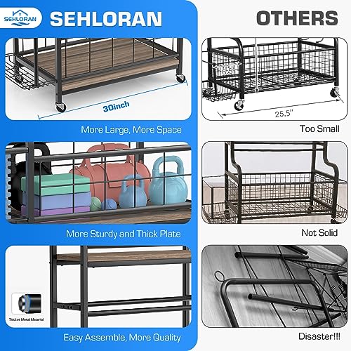 Yoga Mat Storage Rack, Home Gym Storage Yoga Mat Organizer Holder, Sehloran Dumbbell Rack With Hooks and Wheels, Weight Rack for Dumbbells and Kettlebells, Workout Equipment Weight Stand for Home Exercise and Fitness Gear (Metal)