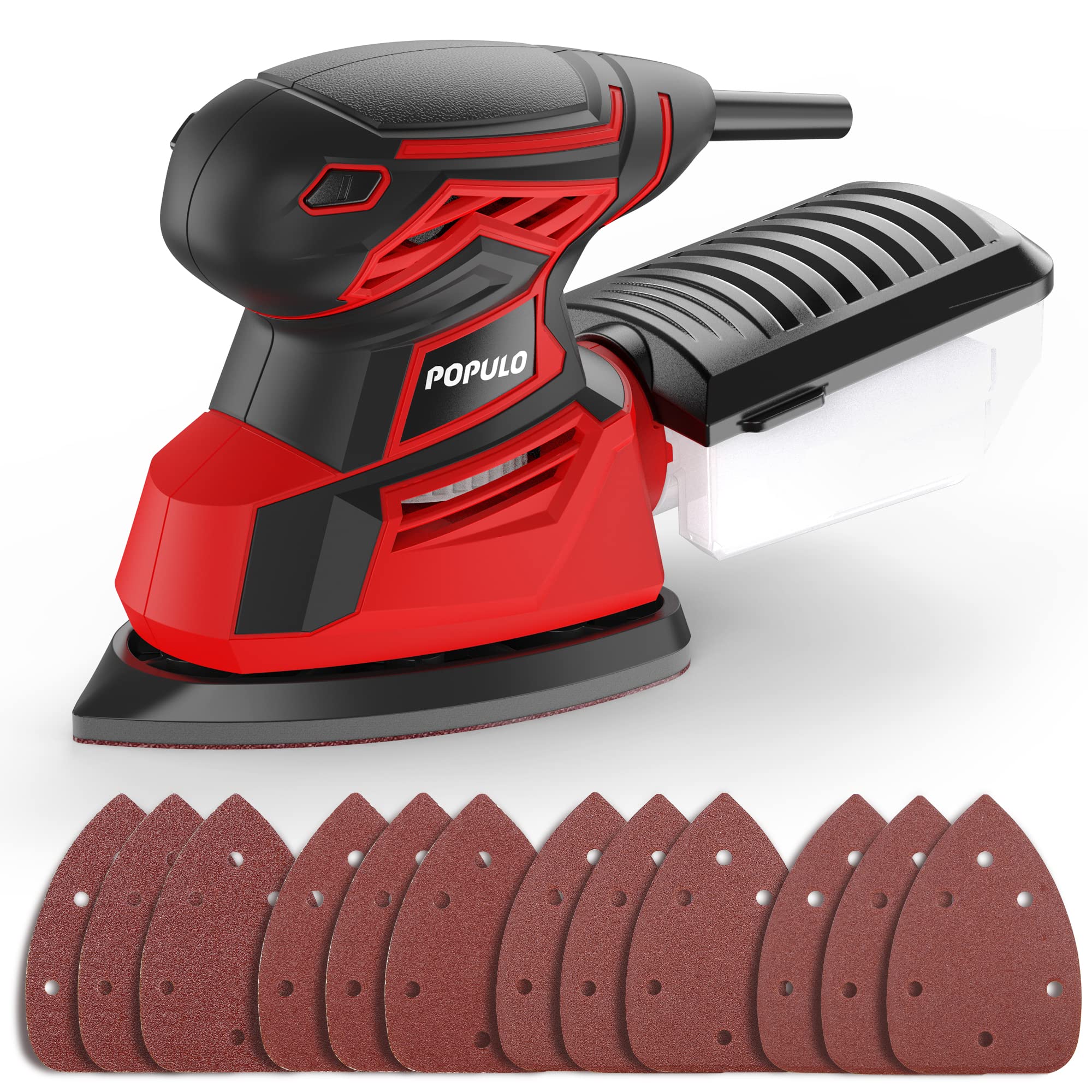 POPULO Electric Sander Tool,Hand Sander 14,000 OPM with 12 Pieces Sandpapers, Detail Sander with Dust Box for Woodworking,Suitable for Tight Spaces Sanding,Polishing,Removing Paint in Home Decoration