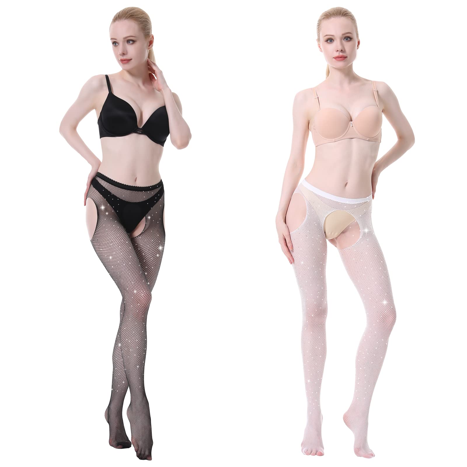 MANZI Rhinestone Fishnet Stockings High Waist Thigh High Glitter Sparkly Fishnets Tights for Women Black White