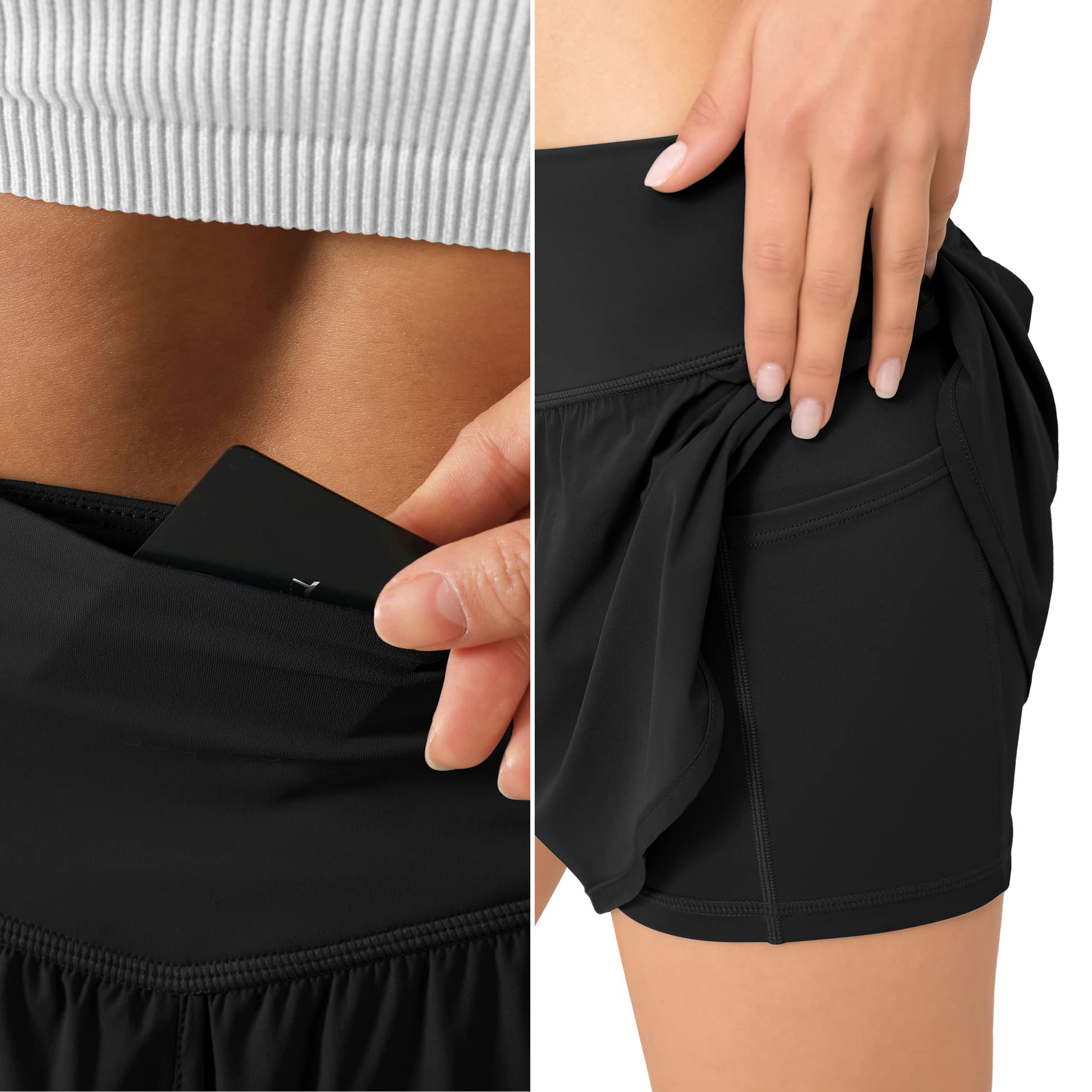ODODOS Women's 2 in 1 Running Shorts with Pockets Workout Gym Sport Layer Biker Athletic Shorts, Black, Medium