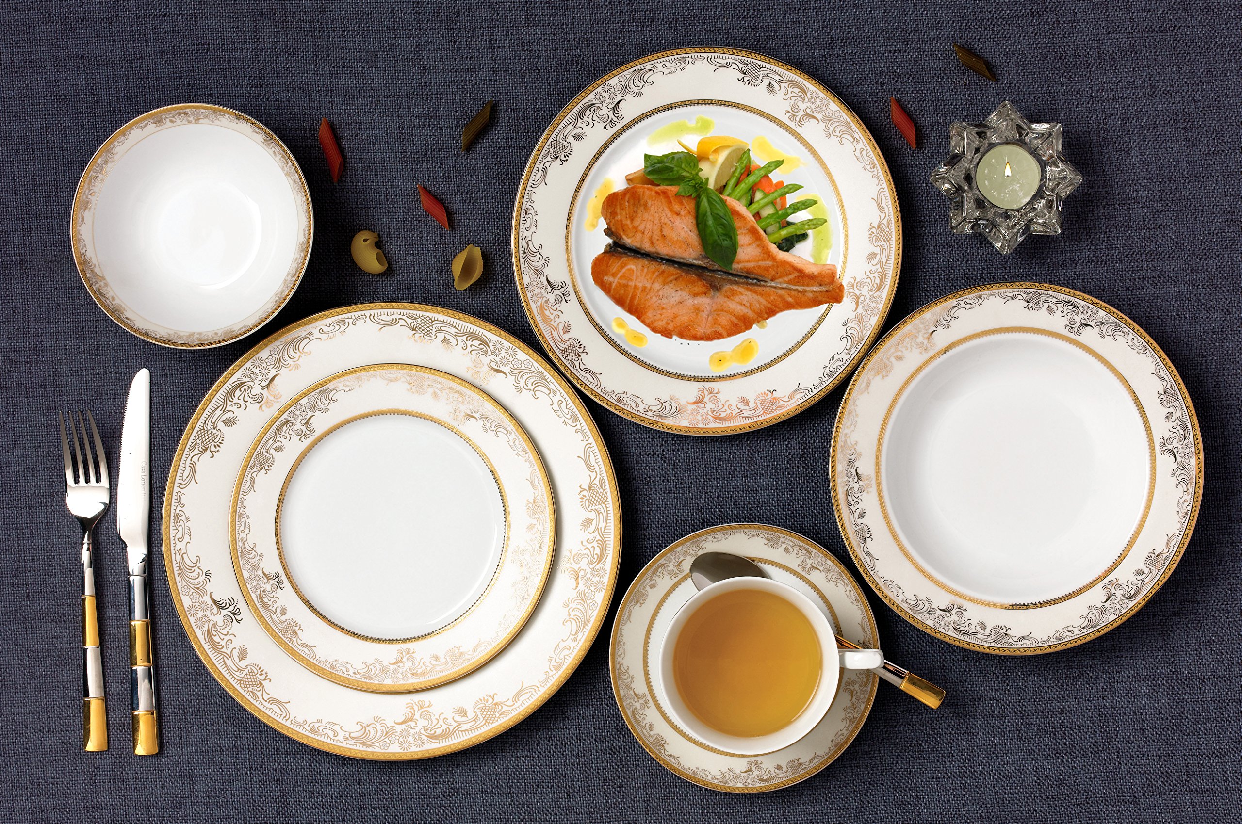 Lorren Home Trends 57 Piece 'Chloe' Bone China Dinnerware Set (Service for 8 People), Gold