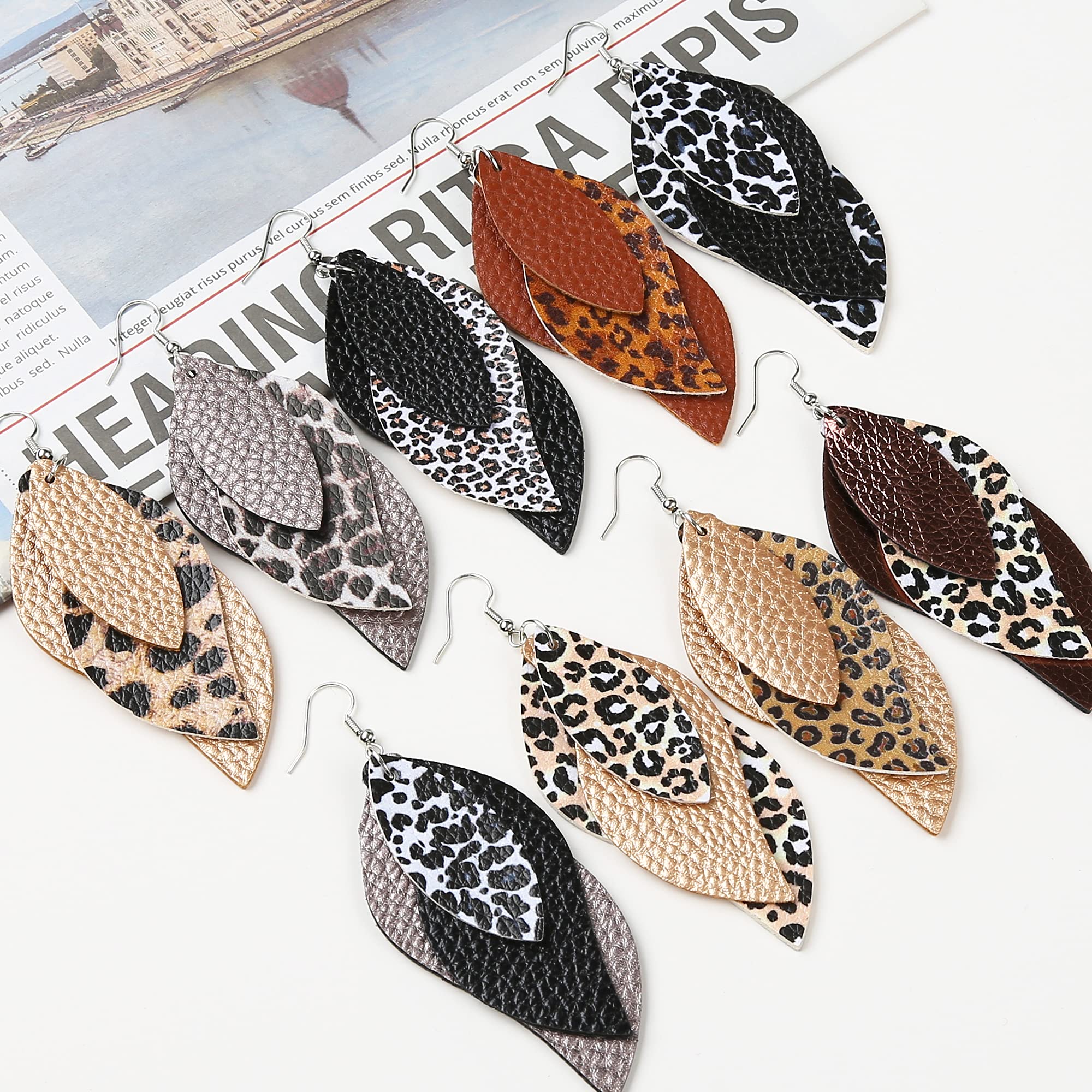 Leopard Earrings for Women Layered Leopard Leather Earrings Petal Lightweight Handmade Leopard Print Dangle Earrings Set 12Pairs